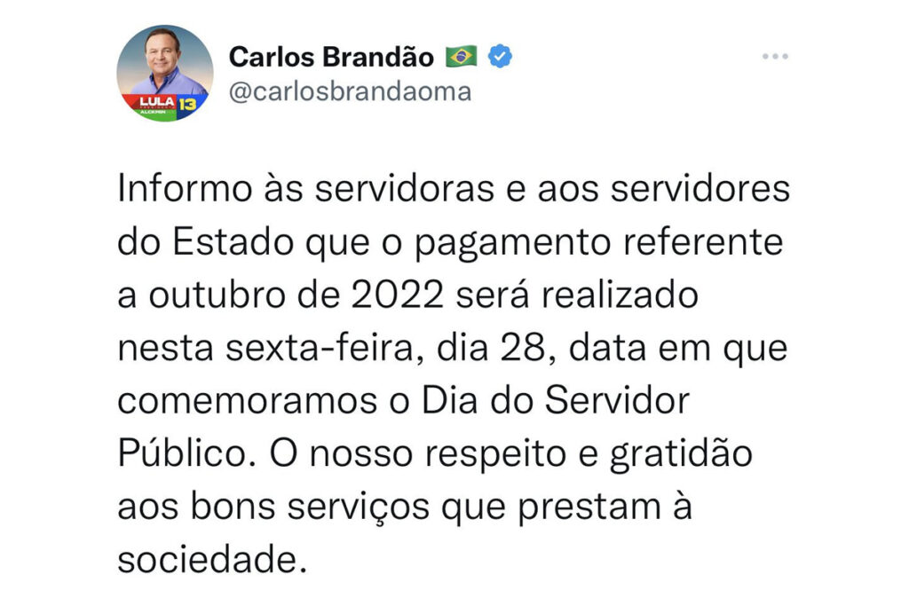 Carlos Brandão antecipa salários e pagamento será feito no Dia do ...